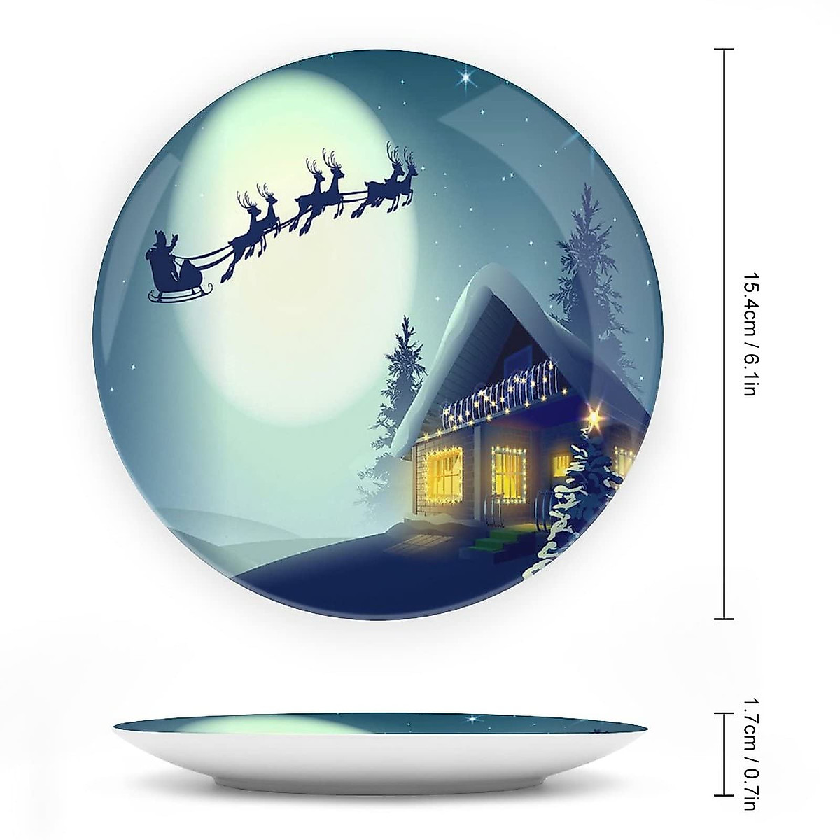 XISUNYA 8 Inch Decorative Plate, Christmas Santa Ceramic Plate, Claus and Reindeer Flying Over Christmas House Print Ceramic Wall Hanging for Home Office Party Dinner Table Decor, Multy