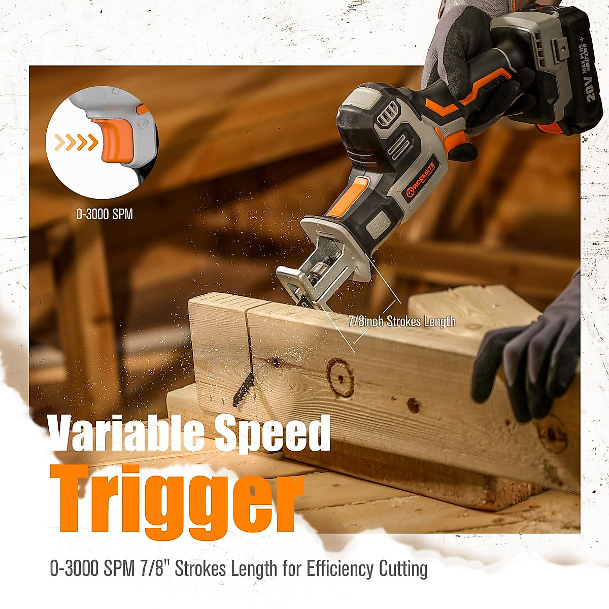 WORKSITE Brushless Reciprocating Saw, 20V Cordless One-Handed Reciprocating Saw w/2.0Ah Battery & 1-Hour Fast Charger, Variable Speed Trigger, 6 Saw Blades for Wood/Metal/PVC Pipe Cutting