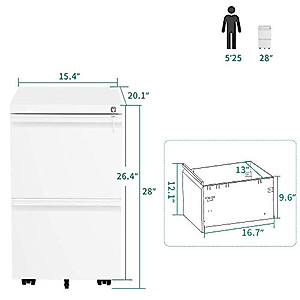 YITAHOME 2-Drawer Vertical File Cabinet with Lock, 20” Deep Mobile Metal Filing Cabinet for Legal/Letter Size, 20” Height Pre-Built Office Storage File Cabinet Except Wheels Under Desk - White