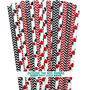 Casino Night Theme Chevron and Card Design Paper Straws - Red Black White - 7.75 Inches - Pack of 100 - Outside the Box Papers Brand