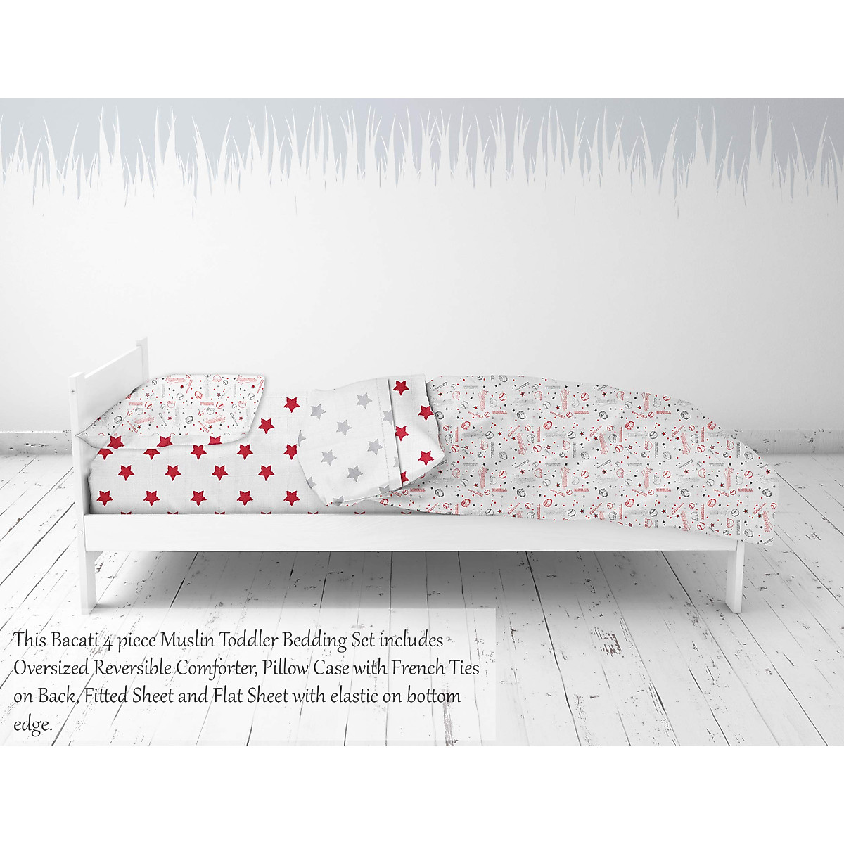 Bacati - Muslin Sports 4 Piece Boys Toddler Bedding Set 100 Percent Cotton Includes Reversible Comforter, Fitted Sheet, Top Sheet, and Pillow Case (4 pc Toddler Bedding Set, Baseball Red/Grey)