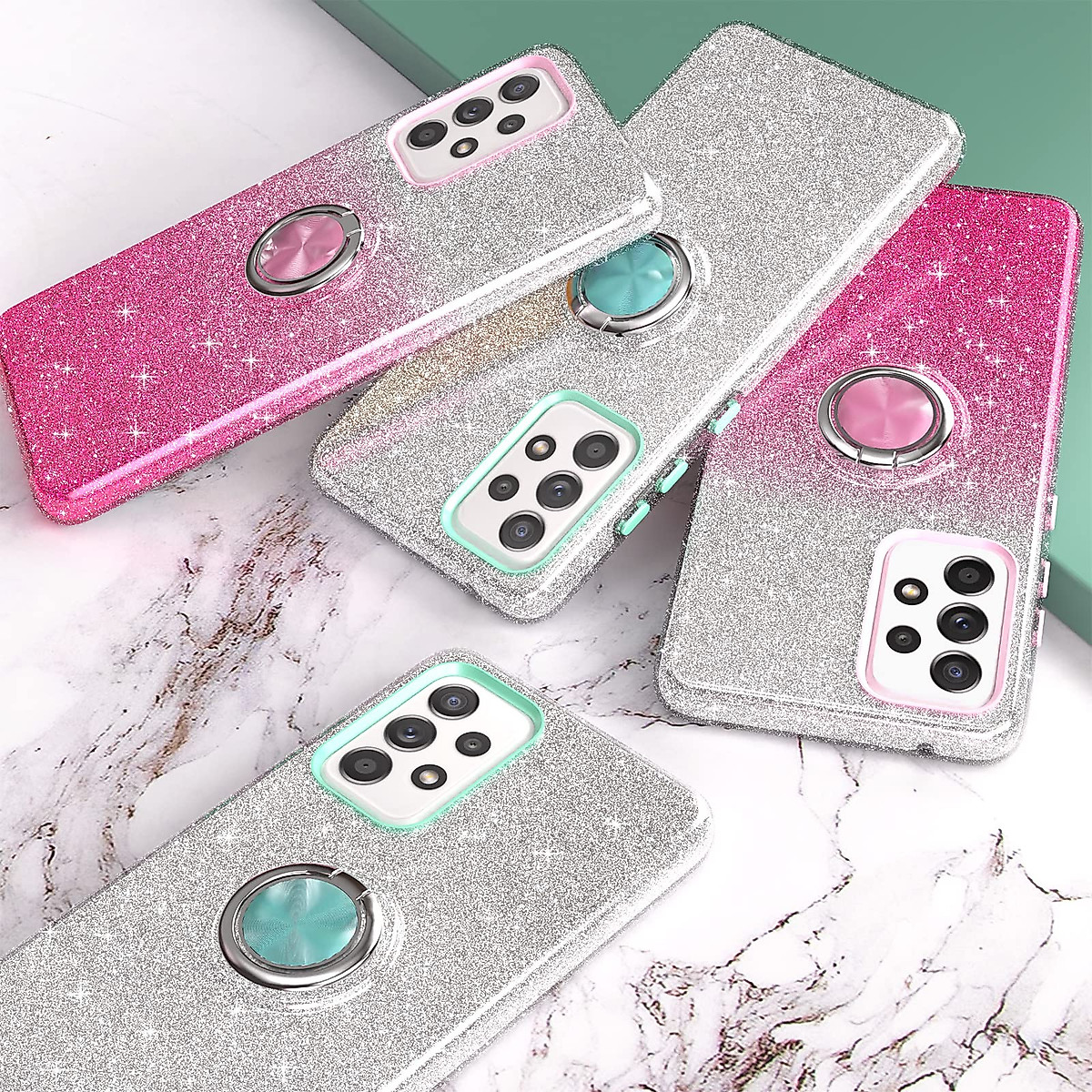 PeeTep Galaxy A52 5G Case for Girls Women, Slim Fit Glitter Sparkly Case with 360°Ring Holder Kickstand Magnetic Car Mount Shock-Absorbent Protective Sturdy Cover,Pink