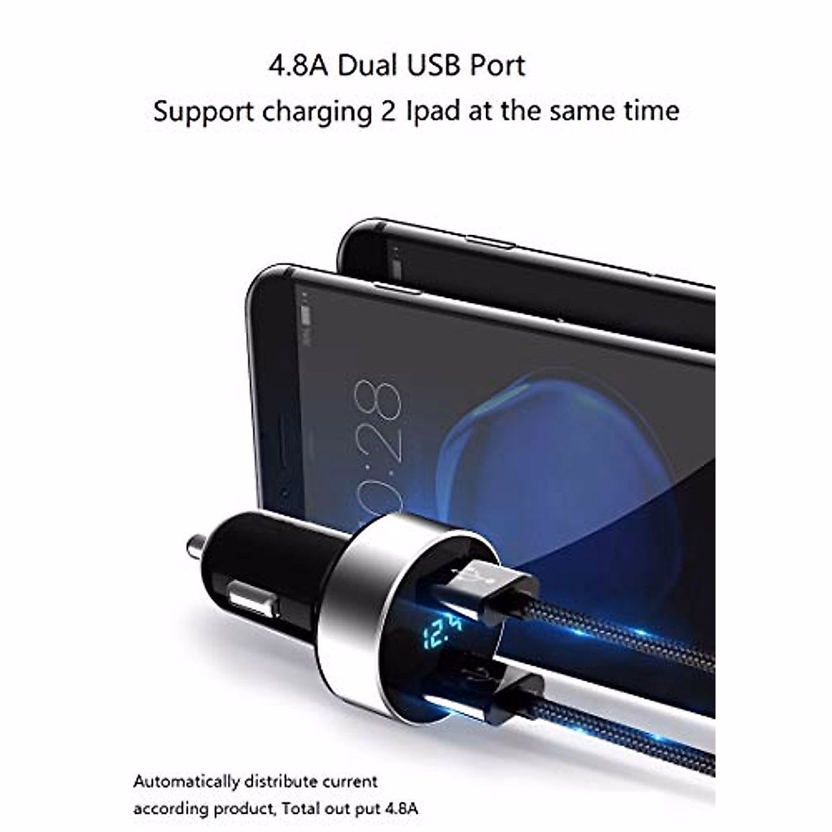 LIHAN Dual USB Car Charger,4.8A Output,Cigarette Lighter Voltage Meter Compatible with Apple iPhone,iPad,Samsung Galaxy,LG,Google Nexus,USB Charging Devices,Silver