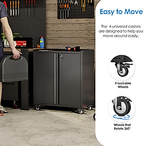 JAORD Metal Storage Cabinet on Wheels, Tool Cabinets for Garage, Garage Rolling Cabinet, Roling Garage Storage Cabinet, Lockable Storage Cabinet with Wheels for Home, Office, Assembly Required (Black)