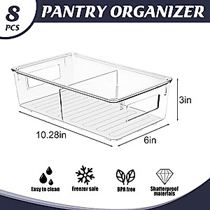 Plastic Storage Bin with Lid and Divider, ESARORA Clear Shallow Pantry Organizer with Handle for Fridge, Cabinet, Kitchen, Bedroom, Closet, Bathroom, Office, Pantry Organization, 8 Pack 10.28 inch