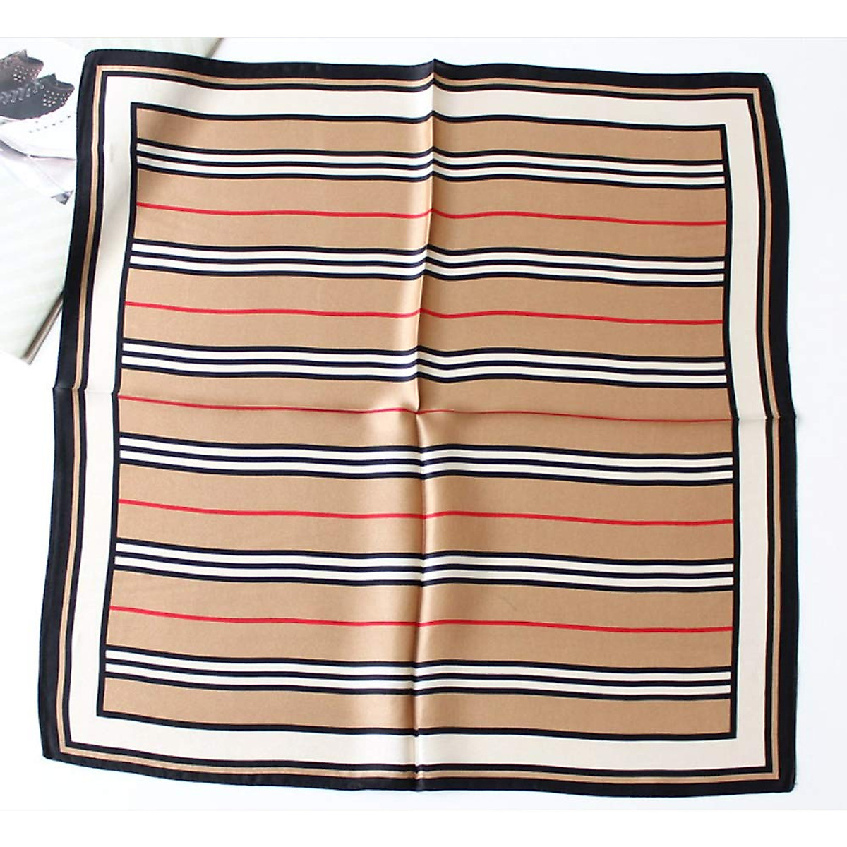 JERLA Women's Men's Small Square 100% Real Mulberry Silk satin Scarfs Hair head face scarf 21" x 21" (Stripe khaki)