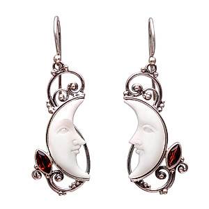 NOVICA Artisan Handmade Garnet Dangle Earrings Bone Crescent Moon from Bali Sterling Silver Indonesia Sun [1.6 in L x 0.6 in W x 0.2 in D] ' Glittering Crescents'
