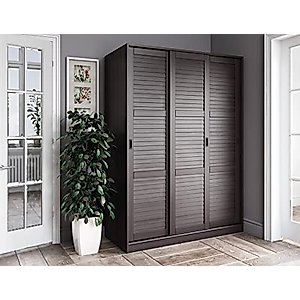Palace Imports 100% Solid Wood Wardrobe/Armoire/Closet with 3 Sliding Louvered Doors, Java. 5 Shelves Included. Additional Large Shelves Sold Separately.