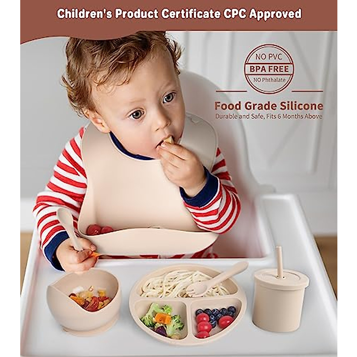 ECLIP Silicone Baby Feeding Set, 10 Pcs Baby Led Weaning Supplies with Suction Bowl Divided Plate Adjustable Bib Soft Spoon Fork Snack Cup with Lid Drinking Cup, Utensil (Beige)