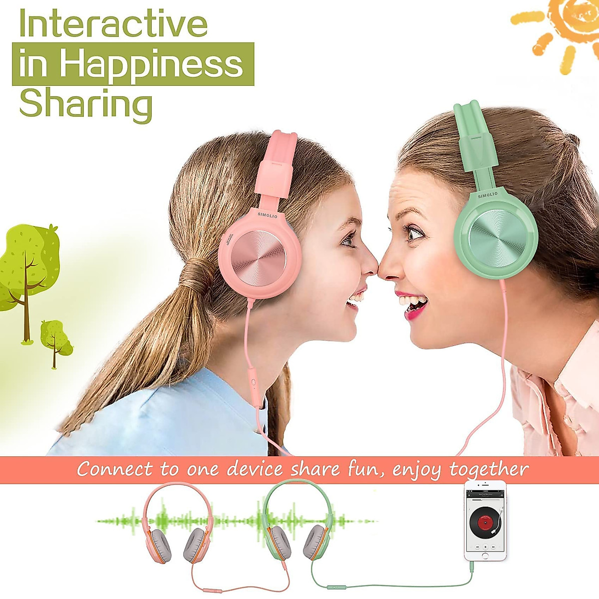 SIMOLIO Foldable Wired Headphones Teens Adults Kids Youths w/Mic & Volume Control & Volume Limited & Share Port & Portable Pouch, Safe Volume Stereo Headset for Online School Gaming PC Laptop Travel