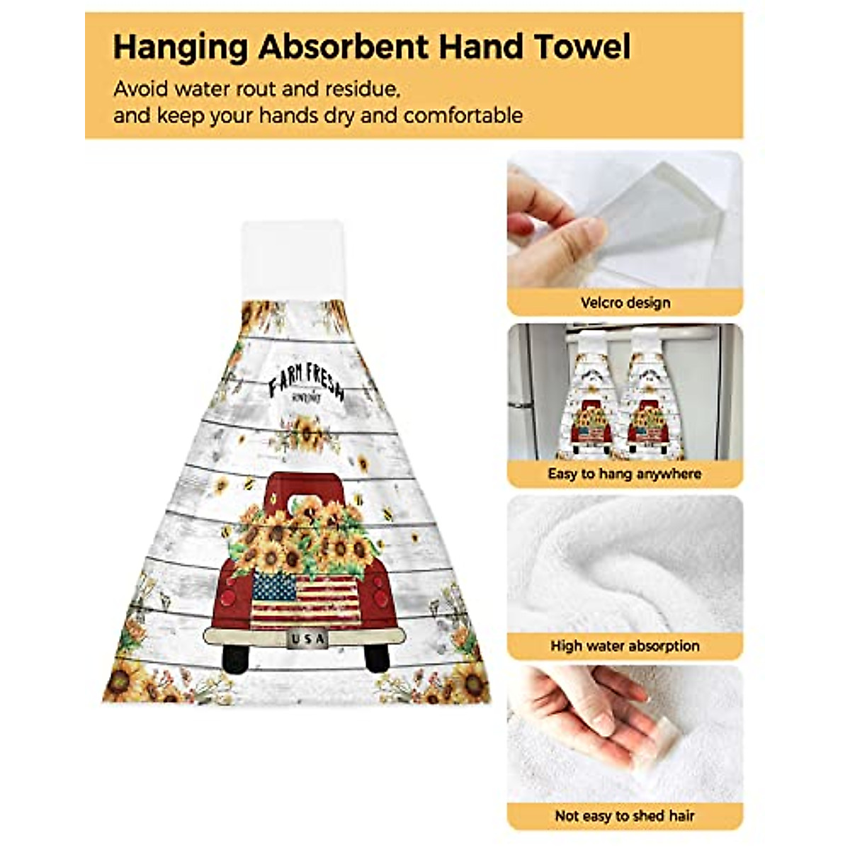 Rural Country Red Truck Yellow Blooming Sunflower and Bees Hanging Tie Towel for Kitchen Bathroom, 2 Pack Durable Absorbent Hand Towels Hangable Washing Cloths Home Cleaning Decor Wood Plank