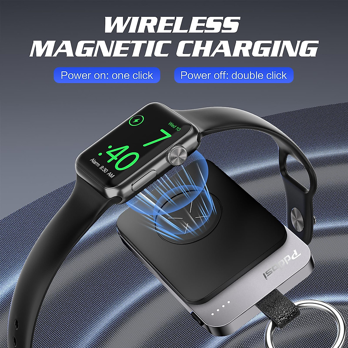 Pddosi Portable Charger for Apple Watch, 1500mAh iWatch Charger Travel, Magnetic Portable Watch Charger Keychain, Portable Wireless Charger for iWatch Series 10/9/8/7/6/5/4/3/2/SE/Ultra (Black)