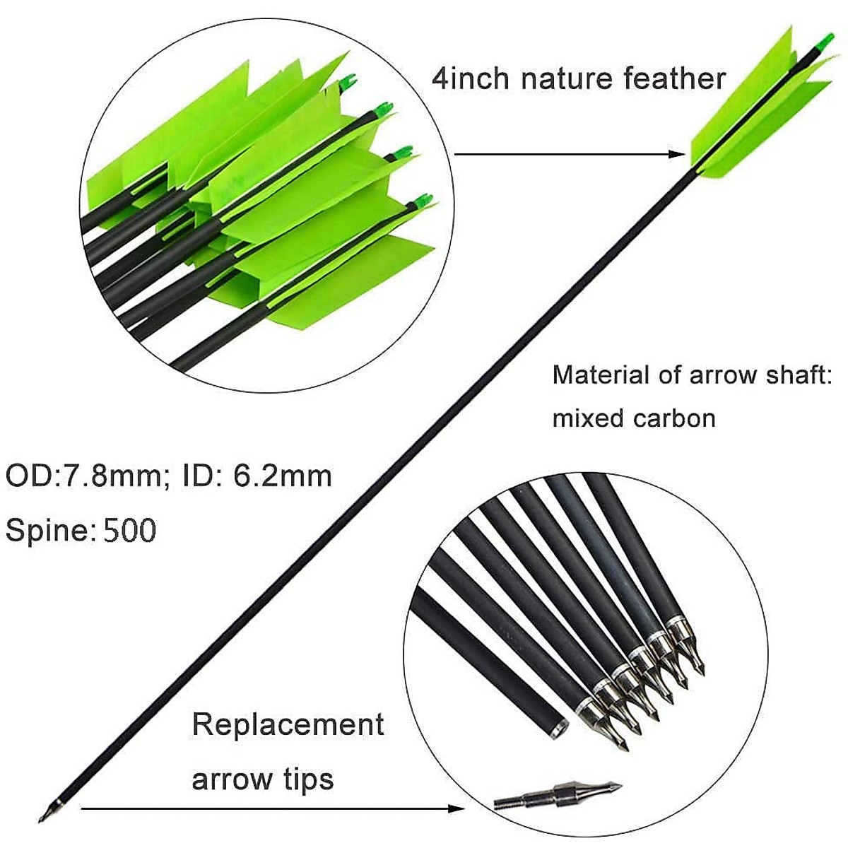 AMEYXGS Archery Flu Flu Arrows and Judo Arrow Heads 30 Inch Mix Carbon Arrow Spine 500 with 4 Turkey Feather for Compound Bow Recurve Bow Competition and Target Practice (Green 1#)