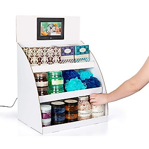 Displays2go Countertop Cardboard Shelving with 7" Digital Display – White (TBSH3WTDG)