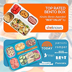 kinsho Bento Box Lunch-Box for Kids Adults | Kid Snack Lunch Containers | Leakproof School Bentobox 6 Compartment Leakproof Container for Boys Girls Womens Lunches | Utensils | Blue Set