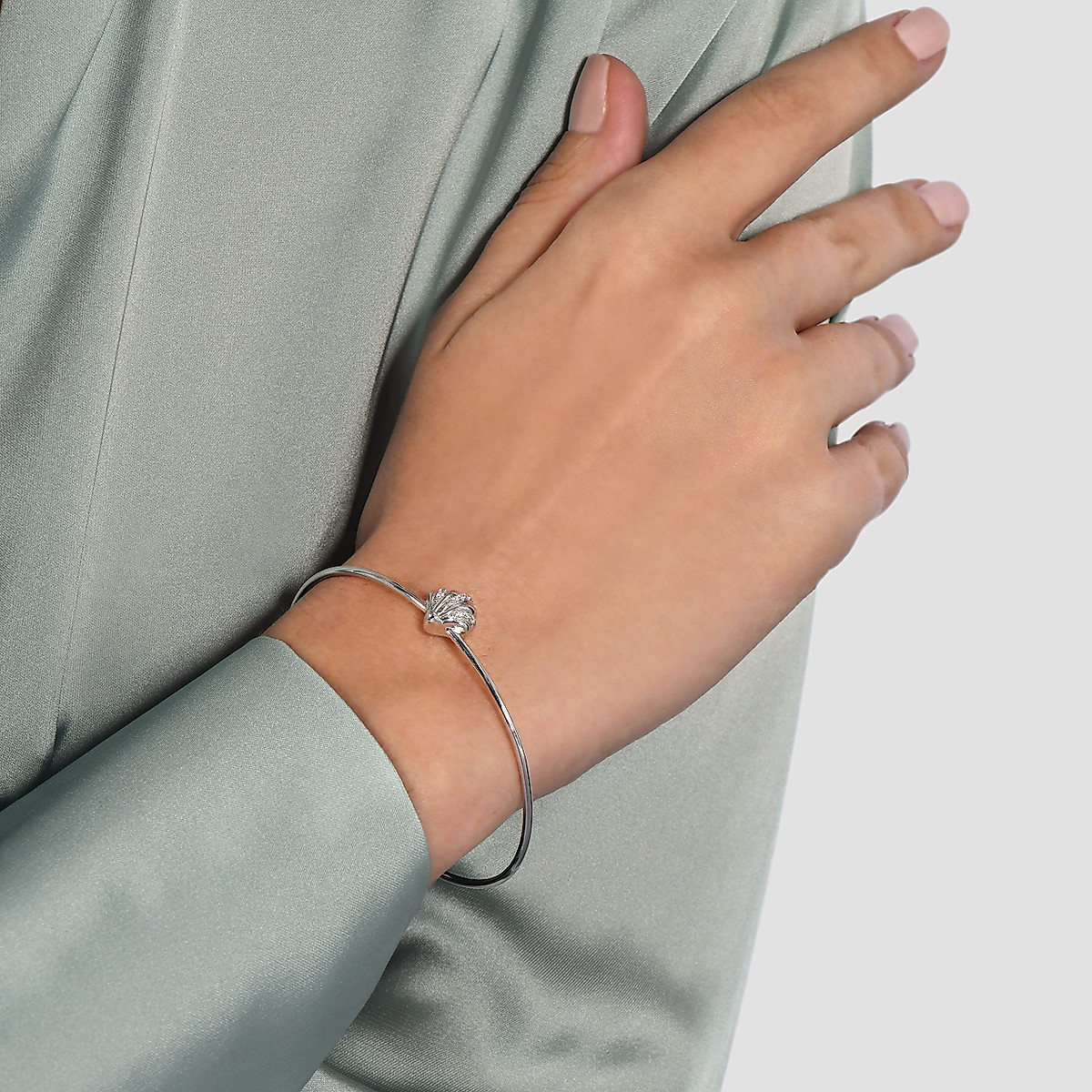 Jewelili Enchanted Disney Fine Jewelry Sterling Silver 1/10 Cttw Diamond Ariel Shell Bangle