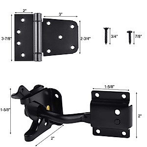 Self-Closing Gate Hardware Kit,1 Pack Self-locking Gate Latch and 2 Pack 3.5inch Heavy Duty Adjustable Spring Gate Square Barn Hinges,Black Finish Gate Hardware Set for Wood Vinyl Fence Gate Shed Door