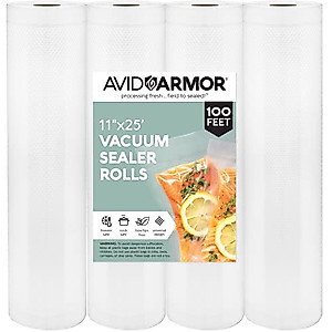 Avid Armor Vacuum Sealer Bags Rolls 4 Pack 11" x 25' Rolls for Foodsaver, Seal a Meal Vacuum Sealer Machines BPA Free Heavy Duty for Sous Vide or Meal Prep Fits Inside Storage Compartment Total 100 Feet Length