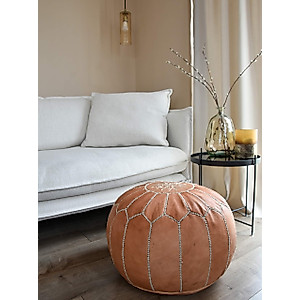 Premium Moroccan Leather Pouf - Handmade - Delivered Stuffed - Ottoman, Footstool, Floor Cushion (Natural)