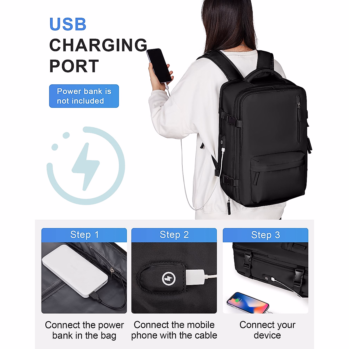 VECAVE Large Carry On Backpack for Women Men,Travel Backpack, Airline Approved Backpack Fit 17 Inch Laptop with USB Charging Port (Black)