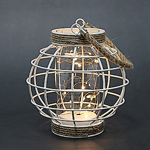 7.5" White Battery Operated Metal Cage Lantern with LED Fairy Lights, Decorative Table Lamp with Timer Function for Indoor Use
