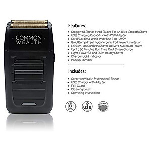 Common Wealth Professional Shaver Cordless Hypoallergenic Bump Free Gold Pro Foil Barber Finishing Shaper Trimmer Tool CWPS26 for Beard Neckline & Tapered Fades