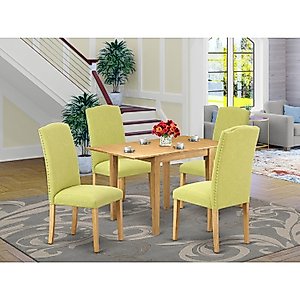 HomeStock Country Cottage Dinette Set 5 Pcs - Four Kitchen Chairs and A Wood Dining Table - Oak Finish Wood - Limelight Color Linen Fabric