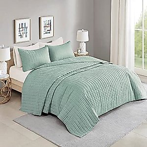 Comfort Spaces Kienna Quilt Set-Luxury Double Sided Stitching Design All Season, Lightweight, Coverlet Bedspread Bedding, Matching Shams, Bedspread King (120"x118"), Seafoam