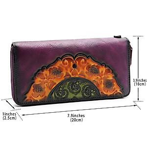 IVTG Genuine Leather Wallets for Women Long Purse Vintage Embossing Cowhide Handmade Small Clutch (Purple)