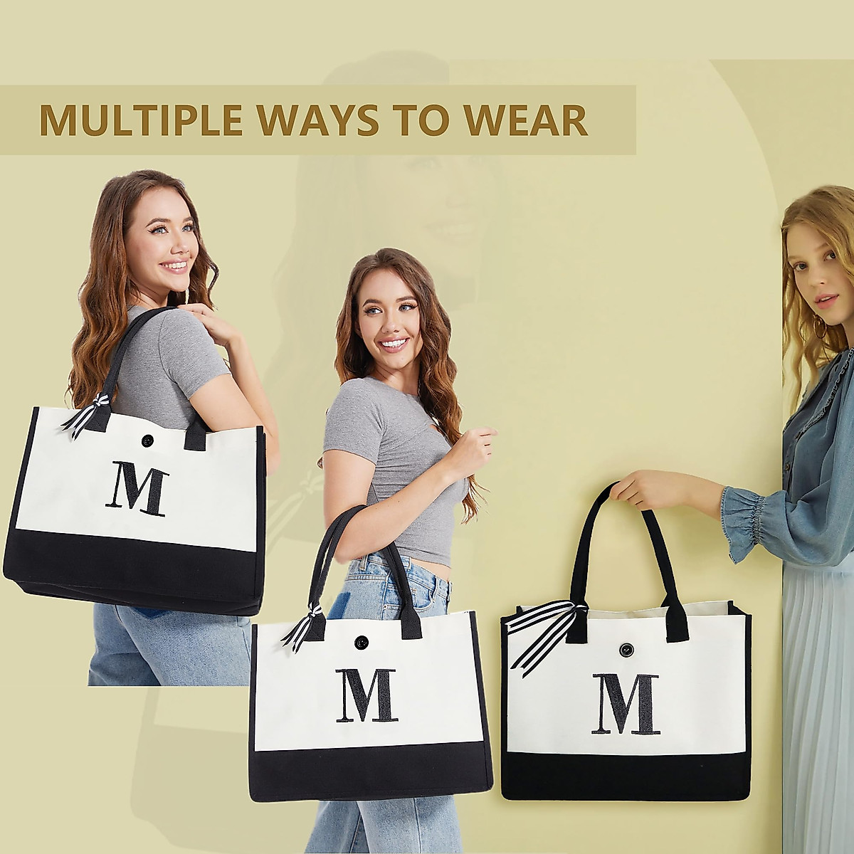 BeeGreen Monogrammed Gifts Initial Tote Bag 13oz Canvas Bag with Pocket for Teacher Gifts Birthday Bridal Shower Embroidery Large Tote Bag Personalized Beach Tote for Women Friends Mom Mother N