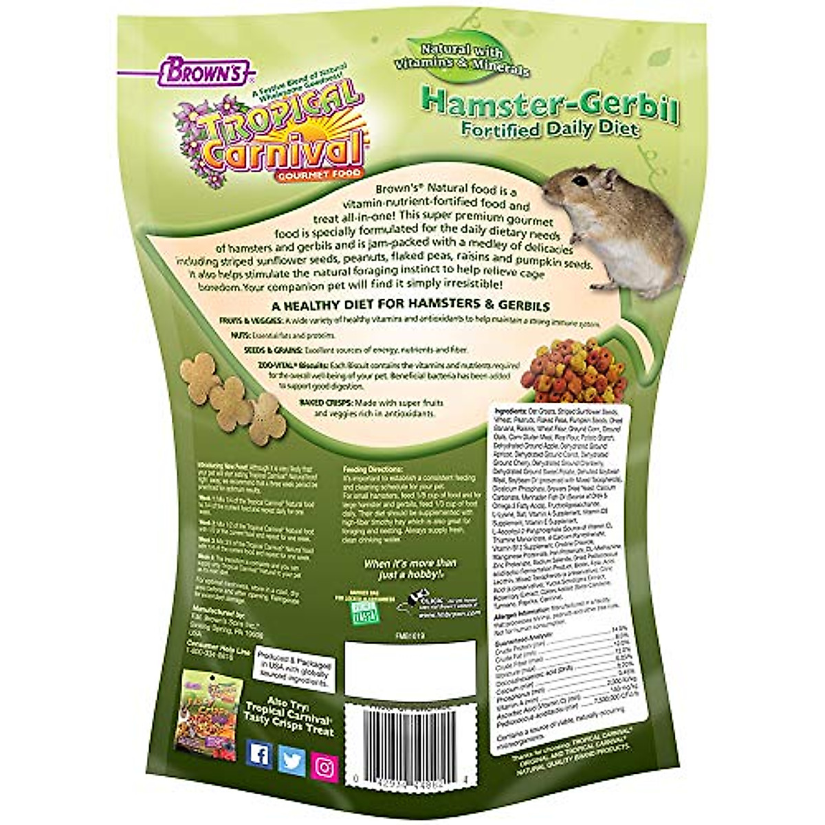 F.M. Brown's Tropical Carnival, Natural Hamster-Gerbil Food, Vitamin-Nutrient Fortified Daily Diet, NO Filler Seeds, NO Artificial Colors or Flavors, 2 lb