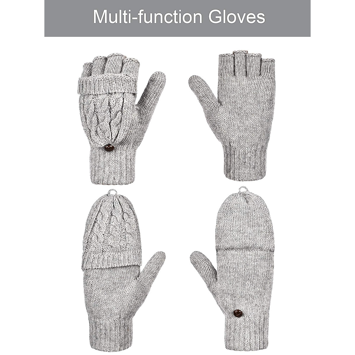 Bememo 2 Pairs Convertible Mittens for Women, Women's Fingerless Gloves with Mitten Cover Winter Knitted Convertible Gloves with Buttoned Thumb Cover