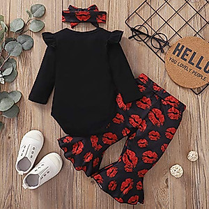 Aslaylme Baby Girls Valentine's Day Outfit Newborn Daddy's Little Valentine Bodysuit Kiss Flare Pants Outfit（Black,0-3 Months