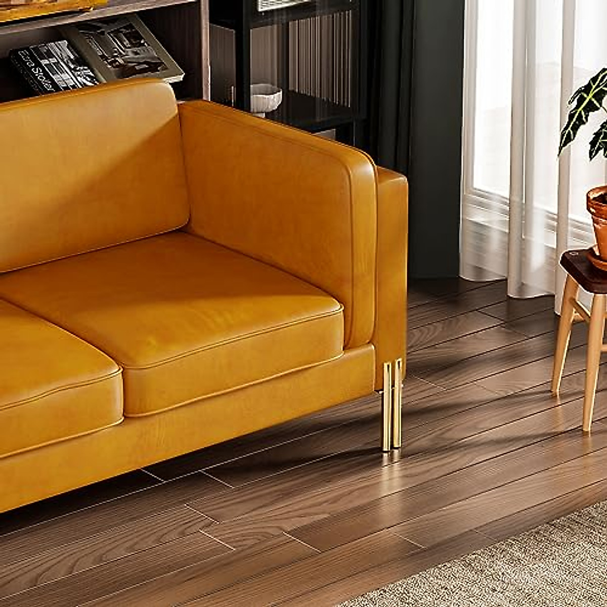Goohome 94.88" Large PU Faux Leather Sofa, Mid-Century Modern Comfort Breathable Upholstered 3-Seater Sofá with Gold Metal feet and Removable Cushions, for Living Room Furniture Apartment, E-Brown a