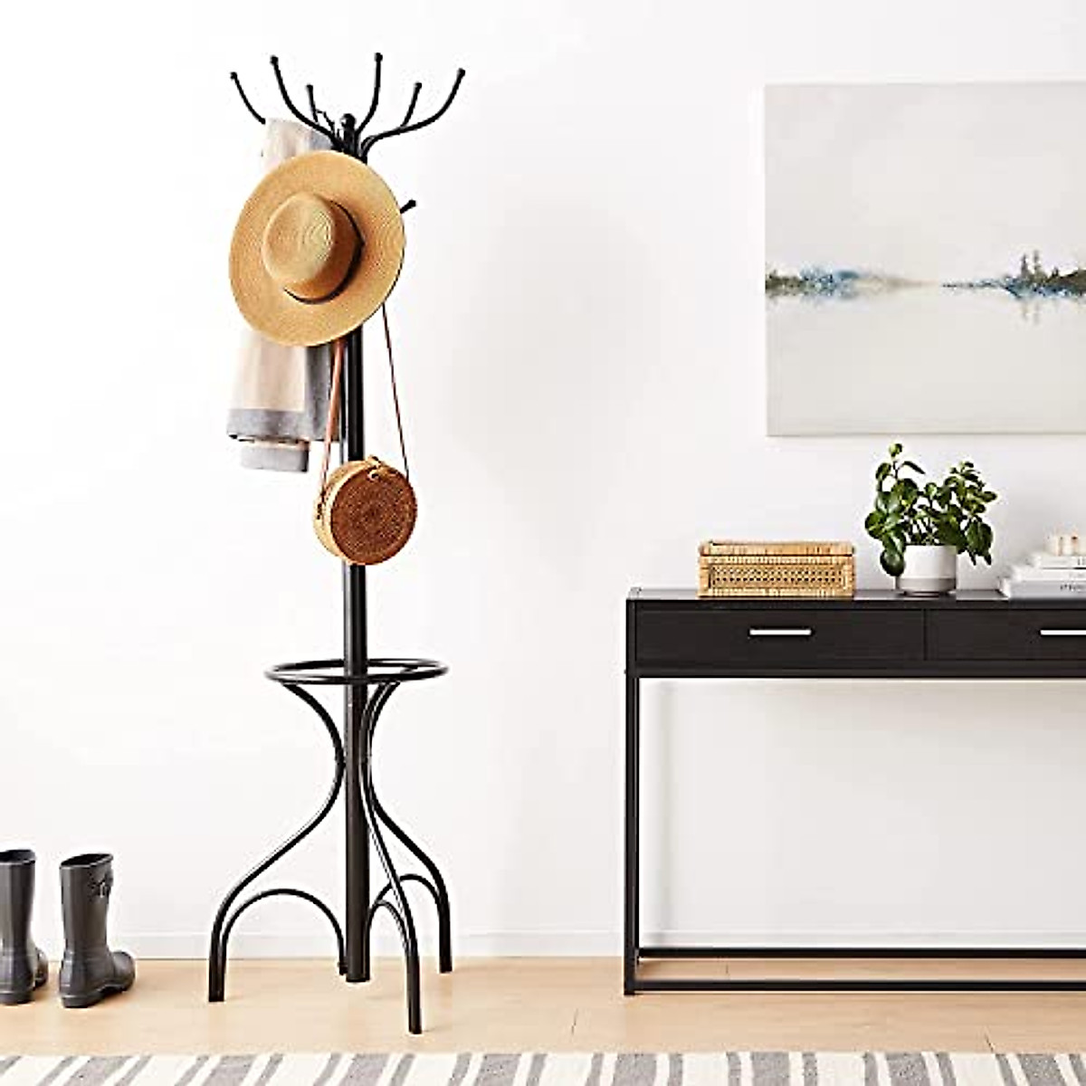 Tangkula Coat Rack Freestanding, 75 Inch Heavy Duty Metal Coat Hanger Stand with Umbrella Holder, Entryway Hat Jacket Hanger with 12 Hooks for Scarf Crutch Bag Coat, Standing Coat Tree Rack(Black 003)