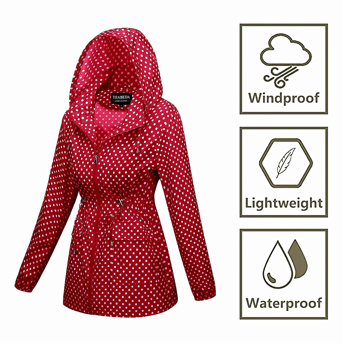 YEABEDA Women-Rain Jacket-Hood Waterproof-Lightweight Windbreak-Packable — Cute RainCoats Travel Polka Dot Ladies With Pouch (XX-Large, Red)