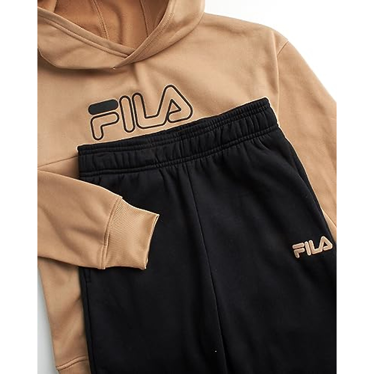 Fila Boys' Sweatsuit Set - 2 Piece Active Hoodie Sweatshirt and Jogger Sweatpants - Performance Activewear Set for Boys, 8-12, Size 12, Tan