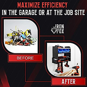 3-Tier Power Tool Organizer Wall Mount Design - Drill Holder Power Tool Storage Rack Holds Cordless Drills, Tools, Batteries, Chargers & More | Heavy Duty Drill Rack Made from Powder Coated Steel