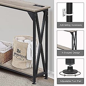 DANSION 2 Tiers Console Sofa Table with Power Outlet, Industrial Entryway Table with Open Storage Shelf, Accent Side Table with LED Strip Lights for Hallway Living Room, X-Shaped Metal Frame Support