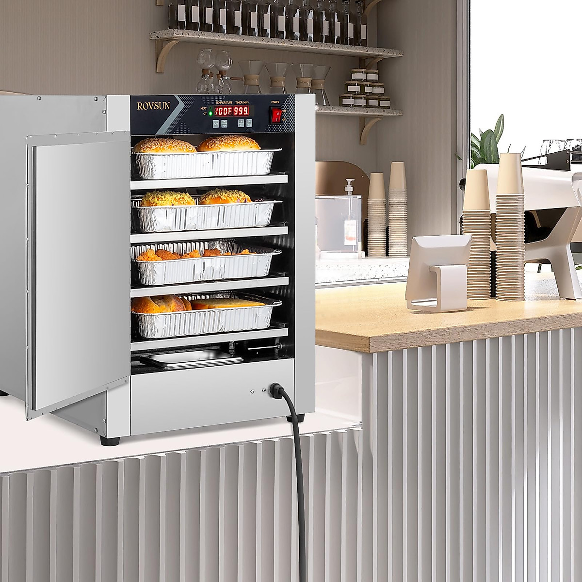 ROVSUN 4-Tier Pizza Warmer Hot Box Food Warmer w/Removable Shelves Water Tray, Pretzel Warmer Hot Holding Cabinet Commercial Electric Food Warmer Countertop for Catering Buffet Restaurant, 110V 800W