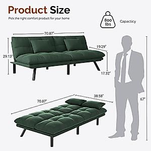 Futon Sofa Bed, Convertible Sofa Bed, Sofa Bed Couch Water-Resistant Fabric with 2 Cushions for Living Room Sofa Bed (Deep Green)