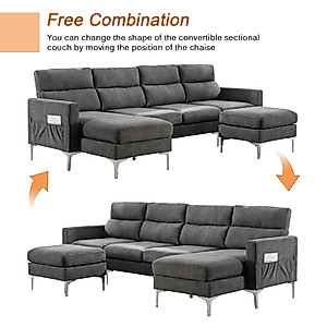 Houjud 110" Convertible Sectional Sofa Couch, Modern Linen Fabric L-Shaped Couch 4-Seat Sofa Couch w/Reversible Chaise and Side Pockets for Living Room, Apartmentt (Grey)
