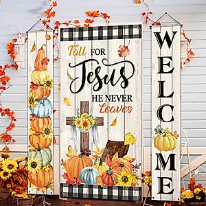 3 Pcs Thanksgiving Porch Sign Banner Fall for Jesus He Never Leaves Hanging Door Sign Thanksgiving Pumpkin Maple Leaf Harvest Welcome Banner for Home Porch Front Door Decor