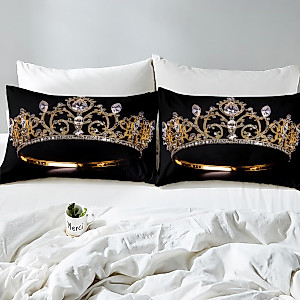 Erosebridal Gold Crown Bedding Set Queen Size Diamonds Duvet Cover Set for Lady Boys Teens,Luxurious Comforter Cover Set Gorgeous Crown Quilt Cover Soft Cozy Luxury Bedroom Decor Black