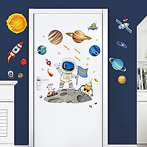 wondever Outer Space Astronaut Wall Stickers Planets Rocket Peel and Stick Wall Art Decals for Baby Nursery Kids Bedroom Playroom