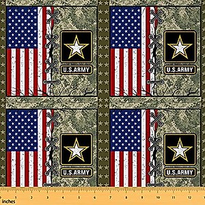 American Flag Fabric by The Yard for Adult Boys, Army Green Camo Upholstery Fabric, Kids Men Vintage USA Flag Indoor Outdoor Fabric, Retro Military Camouflage Grunge Stripes Decor Fabric, 1 Yard