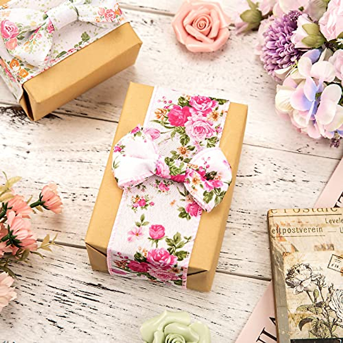 Whaline Floral Wired Edge Ribbon 4 Rolls Rose Flower Pattern Ribbon Spring Summer Fabric Decorative Craft Ribbon Roll for Gift Wrapping Decor Hair Bow Sewing Wreath Crafts, 20 Yard x 2.5 Inch