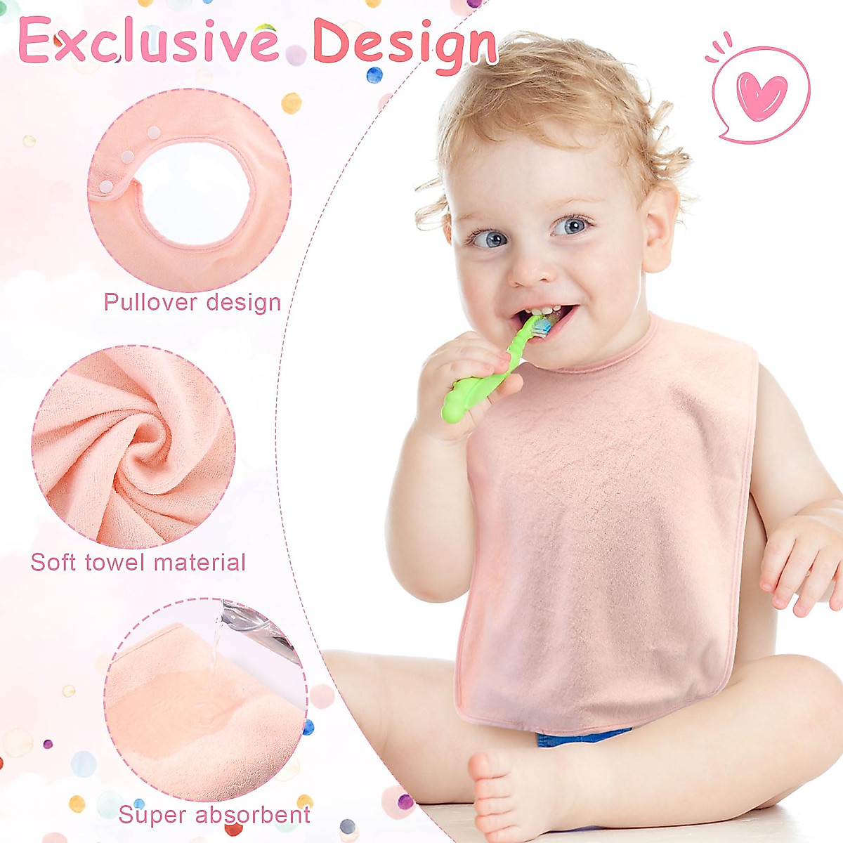 Hercicy 5 Pcs Full Coverage Toddler Bibs Baby Bibs Terry Cloth Absorbent Baby Bibs Large Pullover Towel Bibs with Snap (Cute)