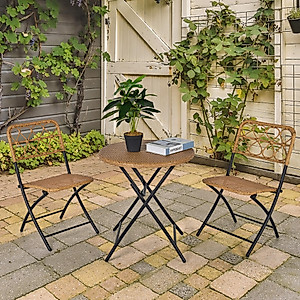 Outsunny 3 Pieces Wicker Outdoor Bistro Set, Folding Rattan Patio Furniture Set with Coffee Table and Porch Chairs for Backyard, Balcony, Garden, Natural