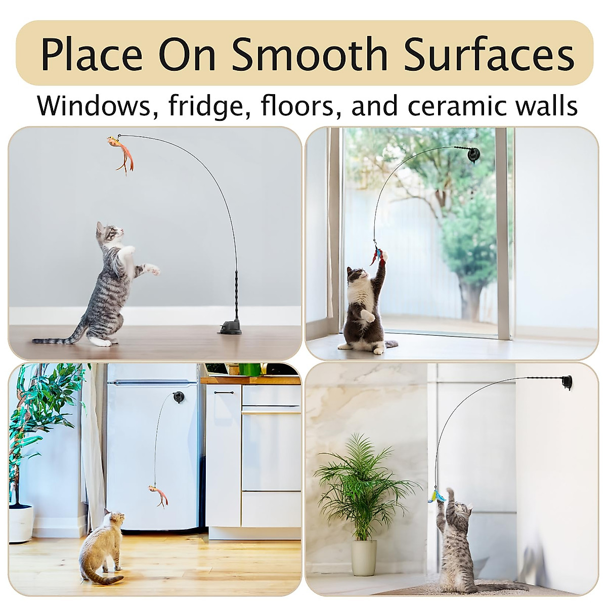Felicity Suction Cup Cat Toy, 2 in 1 Interactive Bird Toy for Cats - 2 Strong Suction Cups, 9 Cat Feather Toys, 2 Durable Cat Wands, 1 Hanging Cat Toy - Interactive Cats Toys for Indoor Cats
